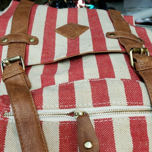 Bags | Natural Fabric Red Strip Backpack | Poshmark